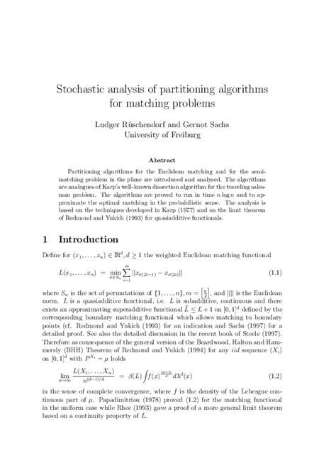 Pdf Stochastic Analysis Of Partitioning Algorithms For Matching