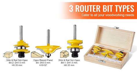 Vevor Router Bits Set 3 Pieces Carbide Router Bit 14 Inch Shank