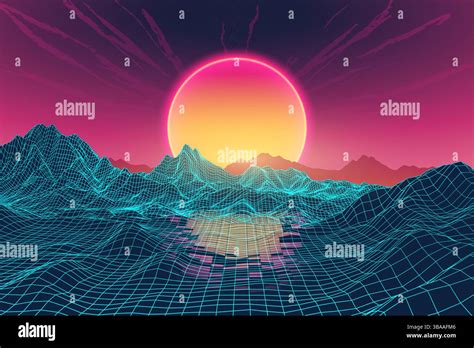 Retro Futuristic 80s Style Digital Landscape With Glowing Neon Grid