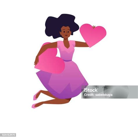 분홍색 드레스를 입은 귀여운 흑인 소녀가 점프하거나 날고 큰 하트를 손에 쥐고 긍정적인 여자가 사랑을 느낀다 감정에 대한 스톡 벡터 아트 및 기타 이미지 Istock