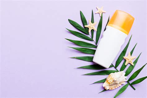 자외선 차단제 스프레이 병 태양 보호 크림과 색상 배경에 열대 녹색 잎이있는 바다 껍질이있는 병 상단 전망 0명에 대한 스톡