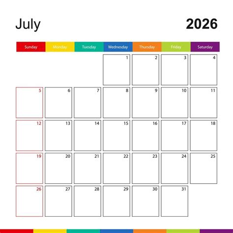July 2026 Colorful Wall Calendar Week Starts On Sunday 71309907 Vector Art At Vecteezy