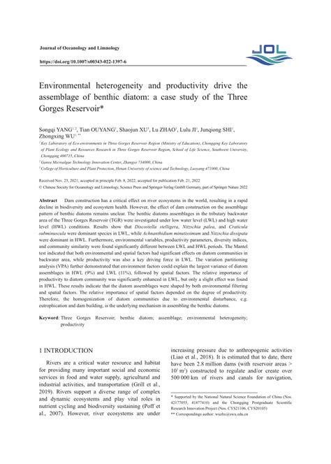 Pdf Environmental Heterogeneity And Productivity Drive The Assemblage Of Benthic Diatom A