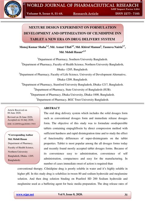 Pdf Mixture Design Experiment On Formulation Development And Optimization Of Cilnidipine Inn
