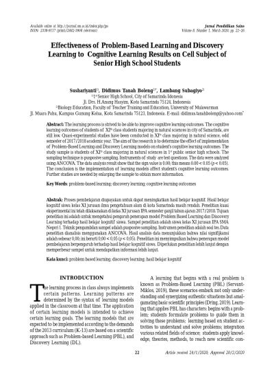 Effectiveness Of Problem Based Learning And Discovery Learning To