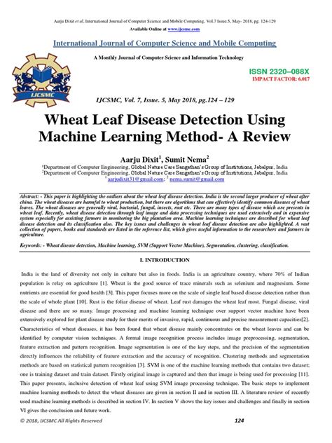 Wheat Leaf Disease Detection Using Machine Learning Method A Review Pdf Support Vector