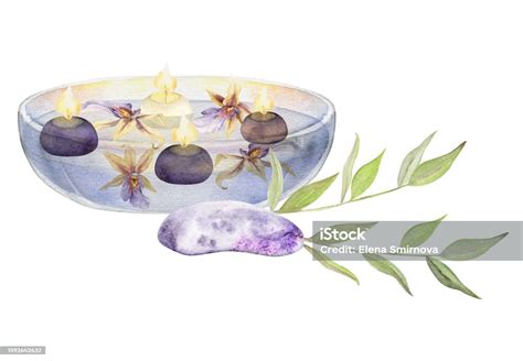 손으로 그린 수채화 스파 및 목욕 미용 제품 액세서리 떠 촛불 수평 구성 흰색 배경에 격리되어 있습니다 웰빙 리조트 인쇄 직물 표지 카드 소책자를 위한 디자인 건강한 생활