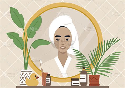 一个年轻的亚洲女性角色，头的一侧裹着毛巾，日常的身体护理，波西米亚风格的室内，自然的图案和植物