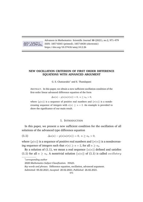 Pdf New Oscillation Criterion Of First Order Difference Equations With Advanced Argument