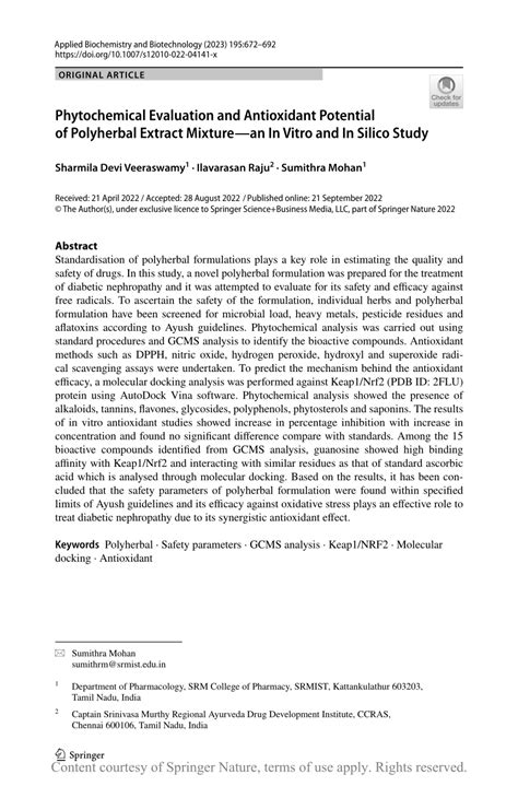 Phytochemical Evaluation And Antioxidant Potential Of Polyherbal Extract Mixture—an In Vitro And