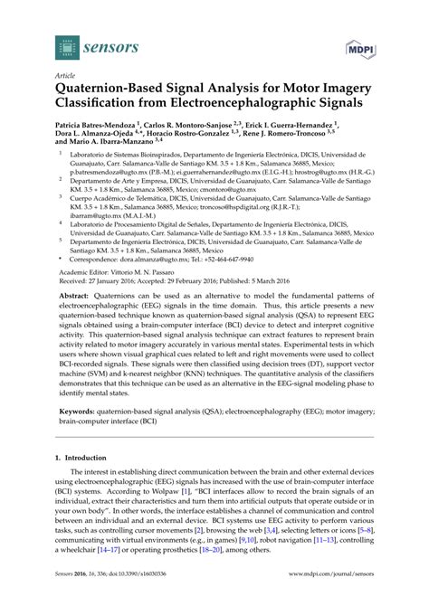 Pdf Quaternion Based Signal Analysis For Motor Imagery Classification From