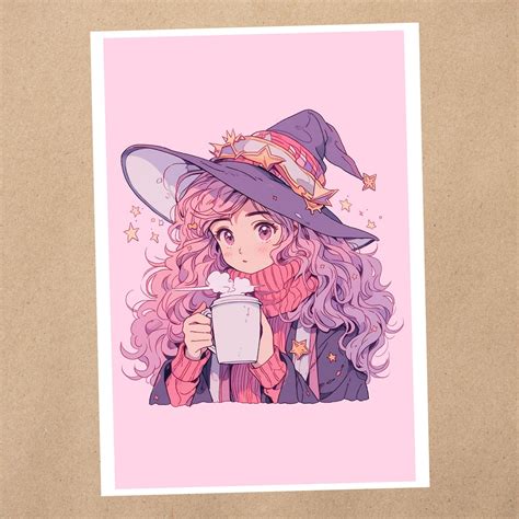 4 X 6 Art Print Nerdy Curly Haired Witch With Coffee Pink Wizarding