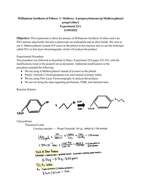 Williamson Synthesis Of Ethers 1 Methoxy 4 Propoxybenzene P