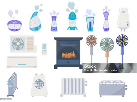 가정용 기후 장비 의 컬렉션 집에서 쾌적한 기후를위한 장비 세트 팬 에어컨 라디에이터 온수기 가습기 전기 벽난로는 고립되어 있습니다 라디에이터에 대한 스톡 벡터 아트 및