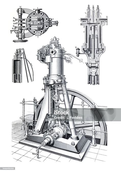 기계 직물 아우 크스 부르크 독일의 최초의 골동품 디젤 엔진 디젤 엔진 손으로 그린 새겨진 그림 최초의 디젤 엔진 컬렉션 디젤에 대한 스톡 벡터 아트 및 기타 이미지