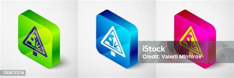 회색 배경에 격리 된 돌 재료 아이콘을 던지는 등색 경고 도로 표지판 교통 규칙 및 안전한 운전 정사각형 버튼입니다 벡터 3차원 형태에 대한 스톡 벡터 아트 및 기타 이미지