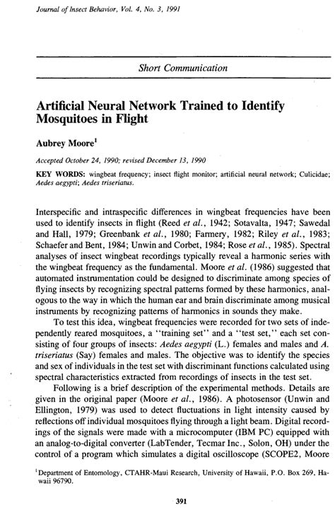 Pdf Artificial Neural Network Trained To Identify Mosquitoes In Flight