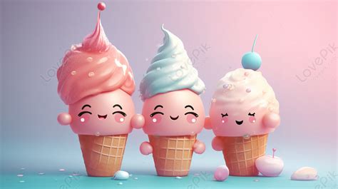 귀여운 배경에 웃는 얼굴이 있는 사랑스러운 아이스크림 콘 3개 아이 배경 사랑 배경 아이스크림 배경 이미지 Hd 아이