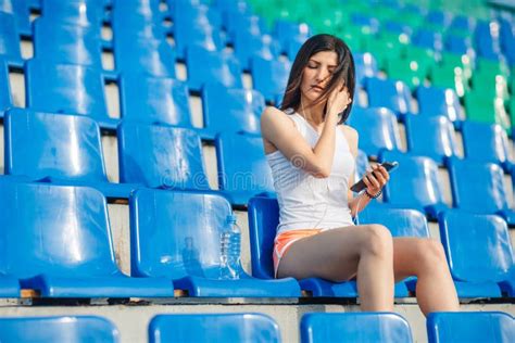 Young Brunette Sport Girl Posing At Stadium Fitness Girl With A Sports