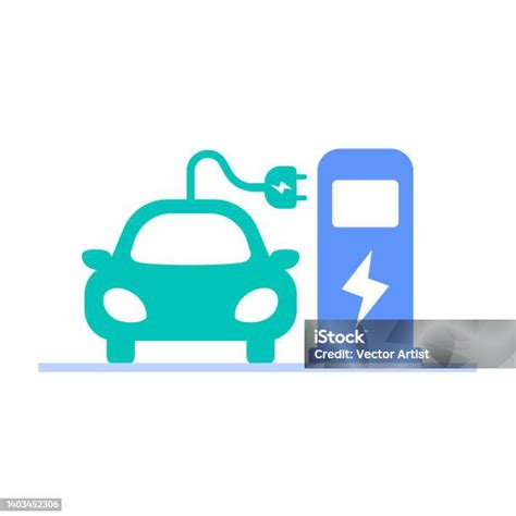 에너지 연료 터미널 스테이션의 전기 자동차 충전 배터리 아이콘 벡터 일러스트 레이 션 케이블 및 충전 스폿 기호 그래픽 디자인을 꽂은 Ev 차량 충전에 대한 스톡 벡터 아트