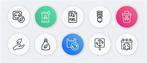 재활용 전염성 폐기물 잎 손 재활용 기호 Led 전구 바이오 연료 용기 세계 지구의 날 및 쓰레기 아이콘이 있는 세트 라인 쇼핑백 벡터 Led 조명에 대한 스톡 벡터 아트