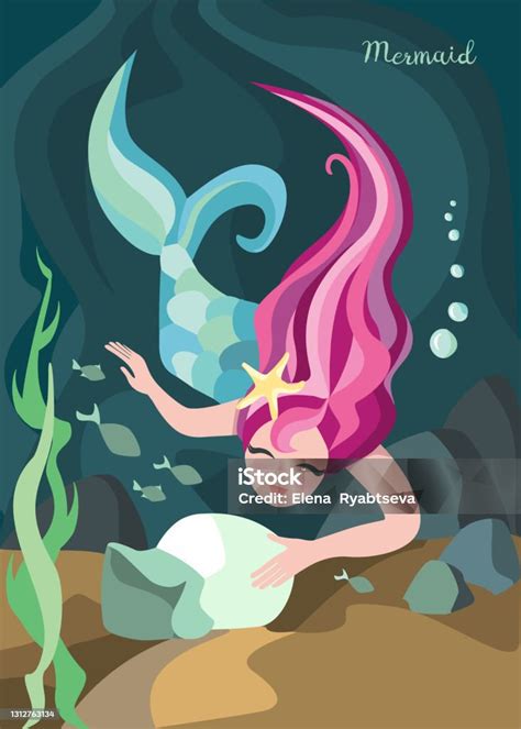 화려한 바다 배경에 분홍색 머리와 귀여운 인어 디자인 카드 노트북 키즈 포스터용 템플릿 만화 벡터 일러스트레이션 여자 인어에 대한 스톡 벡터 아트 및 기타 이미지 Istock