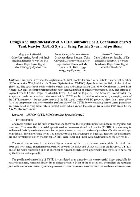 Pdf Design And Implementation Of A Pid Controller For A Continuous Stirred Tank Reactor Cstr