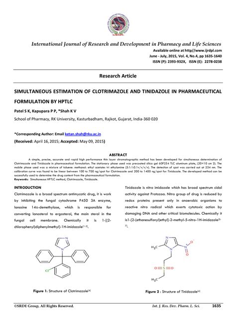 Pdf Simultaneous Estimation Of Clotrimazole And Tinidazole In