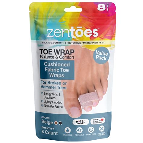 Zentoes Reusable Fabric Buddy Wraps For Broken Toes Hammertoe Straightener 8 Count Beige