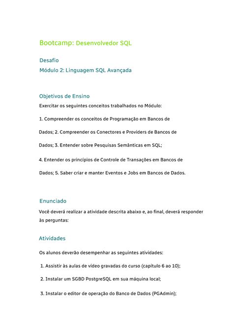desafio módulo 2 sql enunciado bootcamp desenvolvedor sql desao módulo 2 linguagem sql