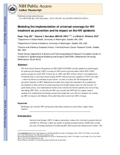 Pdf Modeling The Implementation Of Universal Coverage For Hiv Treatment As Prevention And Its