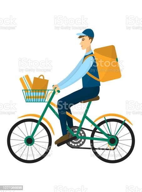 자전거에 택배의 벡터 이미지입니다 자전거에 주문젊은 드라이버 배송의 일러스트 온라인 쇼핑 및 주문 음식 배달의 개념 두발자전거에 대한 스톡 벡터 아트 및 기타 이미지