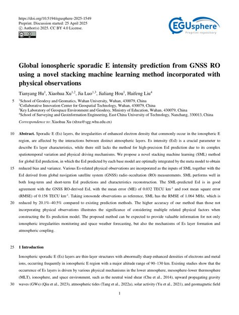 Pdf Global Ionospheric Sporadic E Intensity Prediction From Gnss Ro