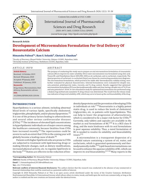 Pdf Development Of Microemulsion Formulation For Oral Delivery Of Rosuvastatin Calcium