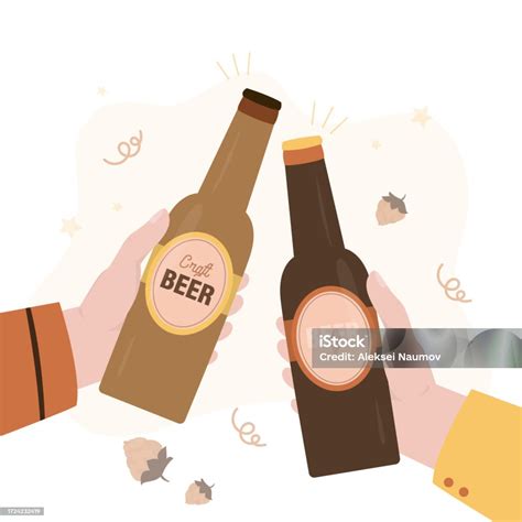 인간의 손에는 두 개의 맥주병이 있습니다 부딪 안경 병 펍 파티 축하 하얀 배경에 맥주를 마시는 두 명의 술 취한 사람들 건배