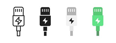 번개 충전 케이블 아이콘 세트입니다 휴대폰 충전기 플러그 기호입니다 Usb 충전 어댑터 벡터 그림입니다 번개 와이어 포트 표지판입니다 휴대 전화 전원 케이블 픽토그램 친환경