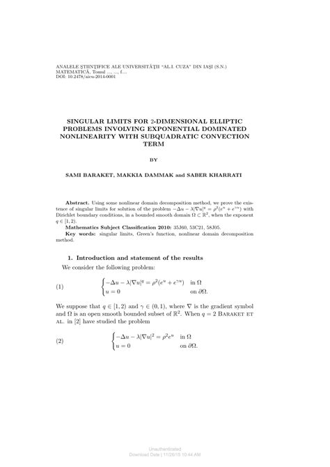 Pdf Singular Limits For 2 Dimensional Elliptic Problems Involving Exponential Dominated