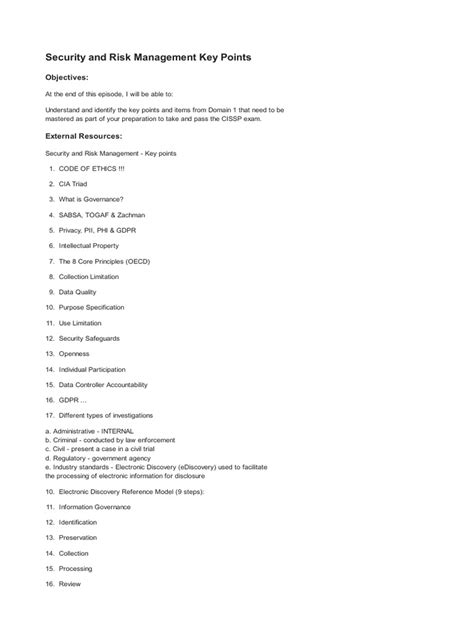 Isc2 Cissp 1 16 1 Security And Risk Management Key Points Pdf