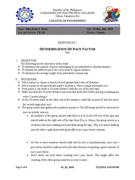 Activity 1 Determining Pace Factor Pdf Accuracy And Precision