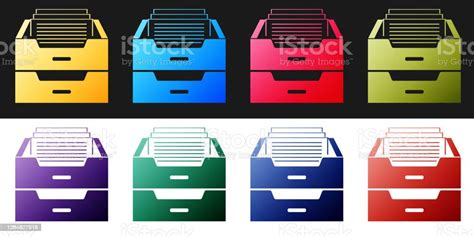 흑백 배경에서 격리된 문서 아이콘으로 서랍을 설정합니다 아카이브 서류 서랍 파일 캐비닛 서랍 사무용 가구 벡터 가구에 대한 스톡