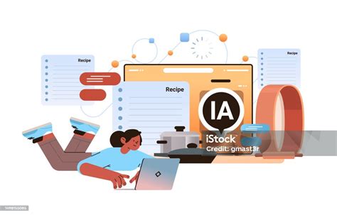 Ai 도우미 봇 레시피 생성 개념으로 컴퓨터 앱에서 다이어트 음식 콘텐츠를 만드는 여성 요리 인플루언서 만족한에 대한 스톡 벡터 아트 및 기타 이미지 Istock