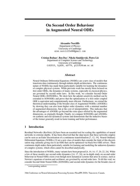 Neurips 2020 On Second Order Behaviour In Augmented Neural Odes Paper Pdf Ordinary