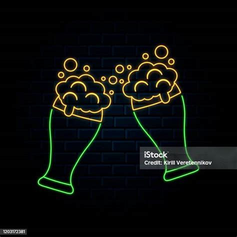 두 개의 깜박이는 맥주 잔으로 빛나는 네온 사인 벡터 절연 그림입니다 밤 술집 배경에 대한 아이콘입니다 알코올 바 간판에 대한