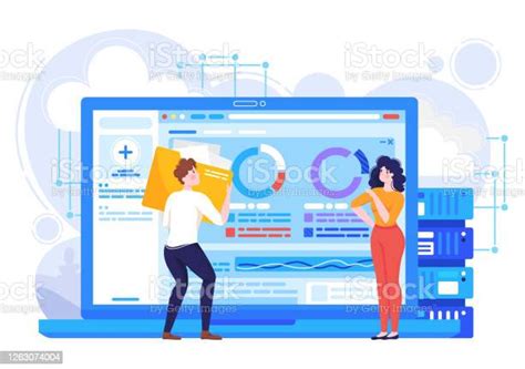 작은 캐릭터 여성 남성 스탠드 노트북 컴퓨터 남자는 흰색 평면 벡터 일러스트에 고립 된 파일을 수행 온라인 원격 작업 인터넷에 대한 스톡 벡터 아트 및 기타 이미지 Istock