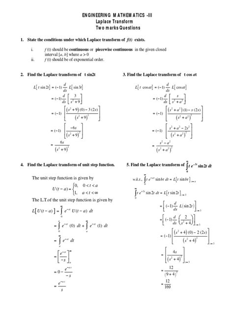Unit 1 Laplace Transforms 2marks Pdf Mathematical Analysis Calculus