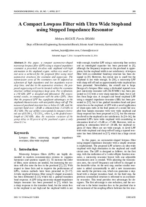 Pdf A Compact Lowpass Filter With Ultra Wide Stopband Using Stepped Impedance Resonator