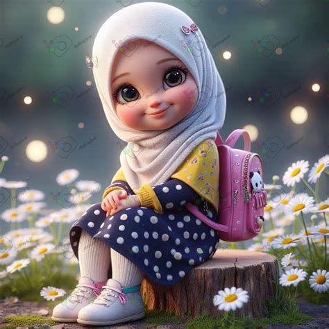 بک گراند کودکانه دختر کوچولوی ناز با حجاب با کوله صورتی نشسته روی کنده