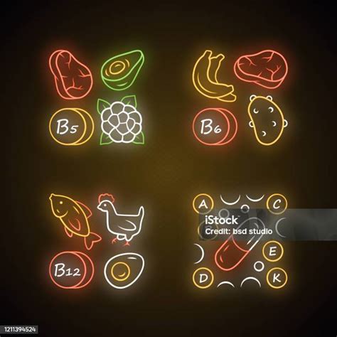 비타민 네온 라이트 아이콘 세트 B5 B6 B12 천연 식품 소스 비타민 알약 과일 고기 야채 적절한 영양 미네랄 항산화제 빛나는 징후 벡터 절연 일러스트레이션 0명에 대한