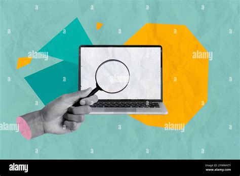 Collage Of Exploration Hand Holding Magnifying Glass Over Blank Laptop Screen Creative Workspace