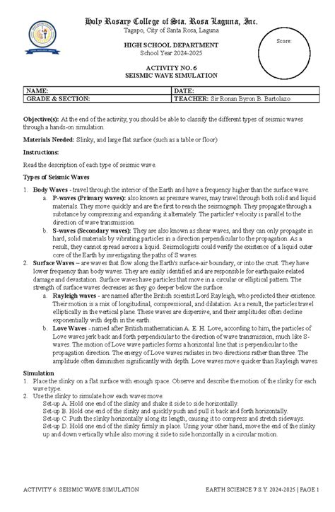 Activity 6 Seismic Wave Simulation Activity 6 Seismic Wave
